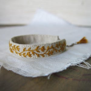 Hand Embroidered Linen Cuff Bracelet: Mustard Yellow Floral Vine, Boho ...