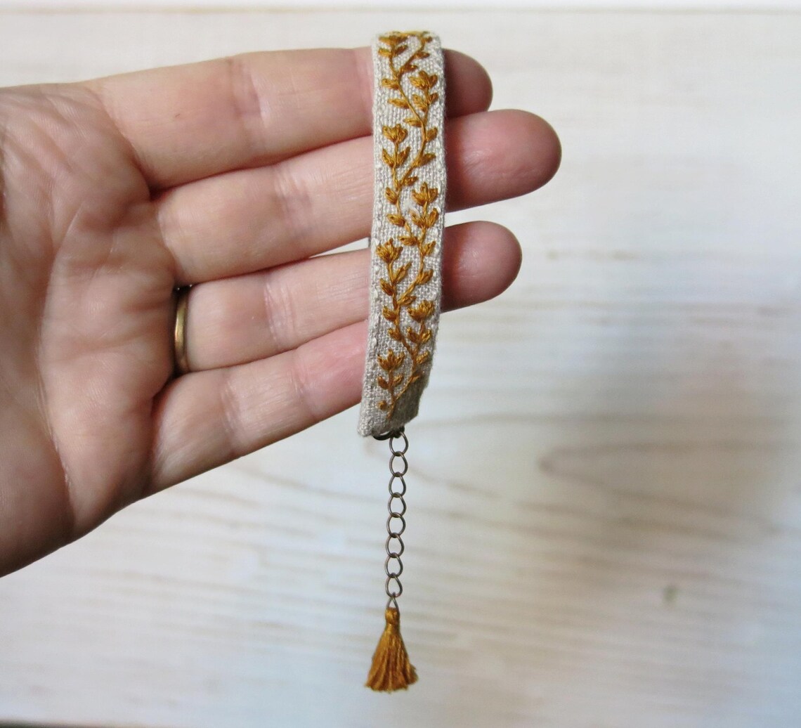 Hand Embroidered Linen Cuff Bracelet: Mustard Yellow Floral Vine, Boho ...