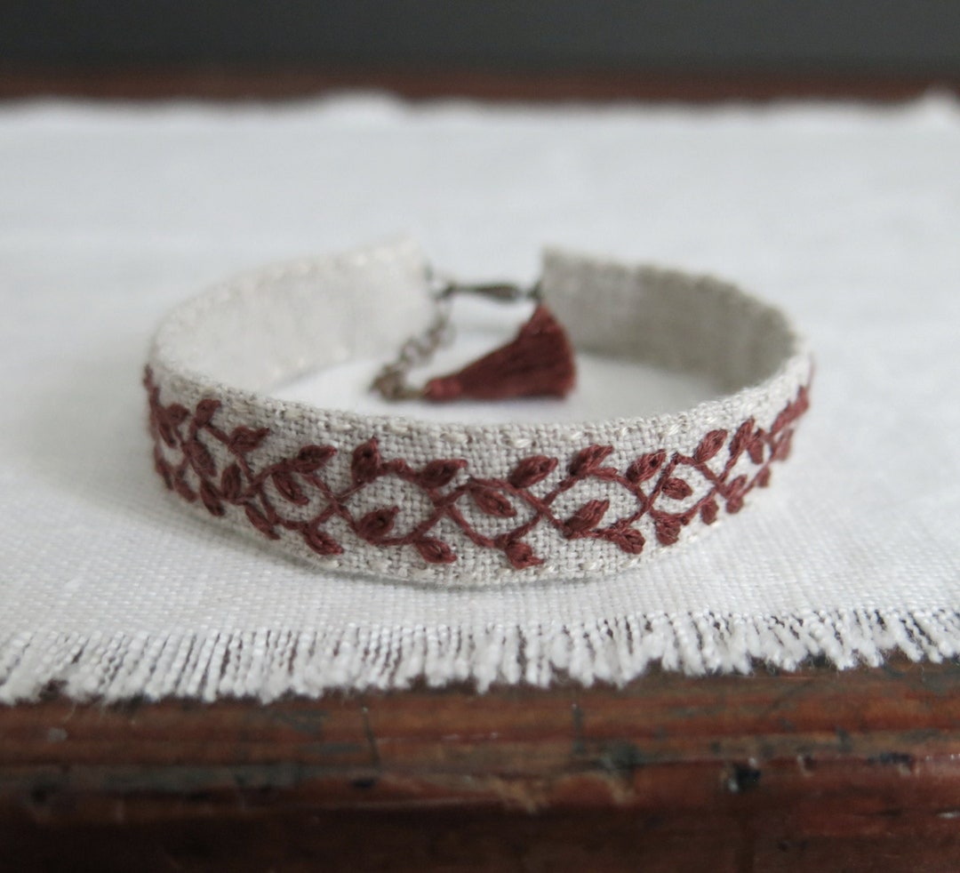 Rust Red Ivy Hand Embroidered Natural Linen Cuff Bracelet, Adjustable ...