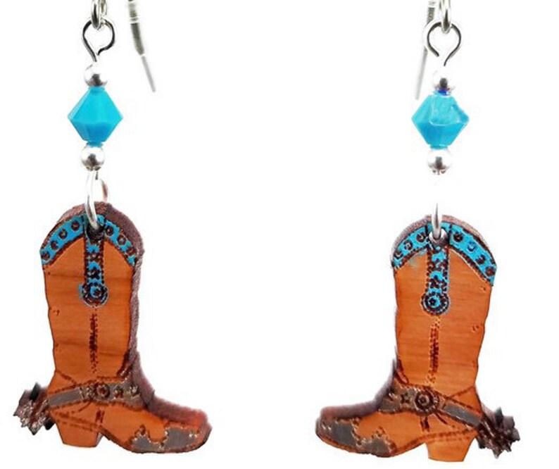 Cowboy Boot Earrings Laser Engraved Wood With Turquoise - Etsy