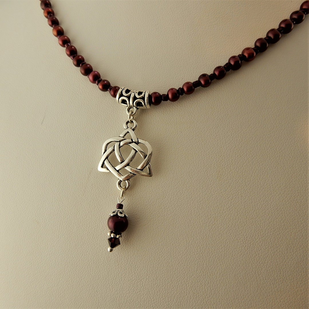 Silver Celtic Trinity Knot Beaded Necklace With Burgundy Freshwater ...