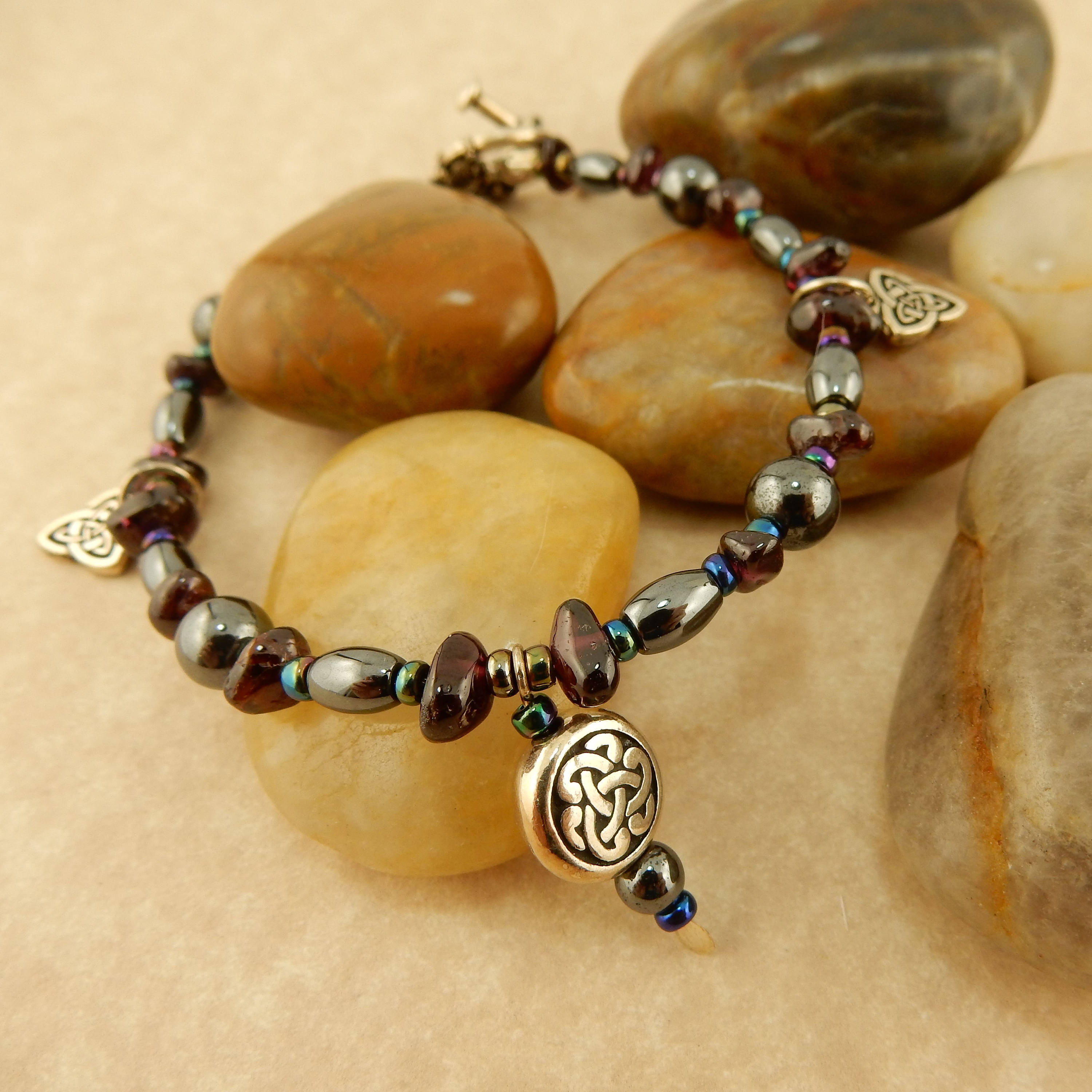 Celtic Knot Beaded Bracelet With Genuine Hematite and Garnets Beads ...