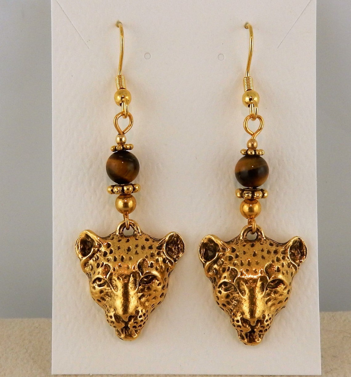Gold Leopard Head Dangle Earrings With Tiger Eye Gemstones - Etsy