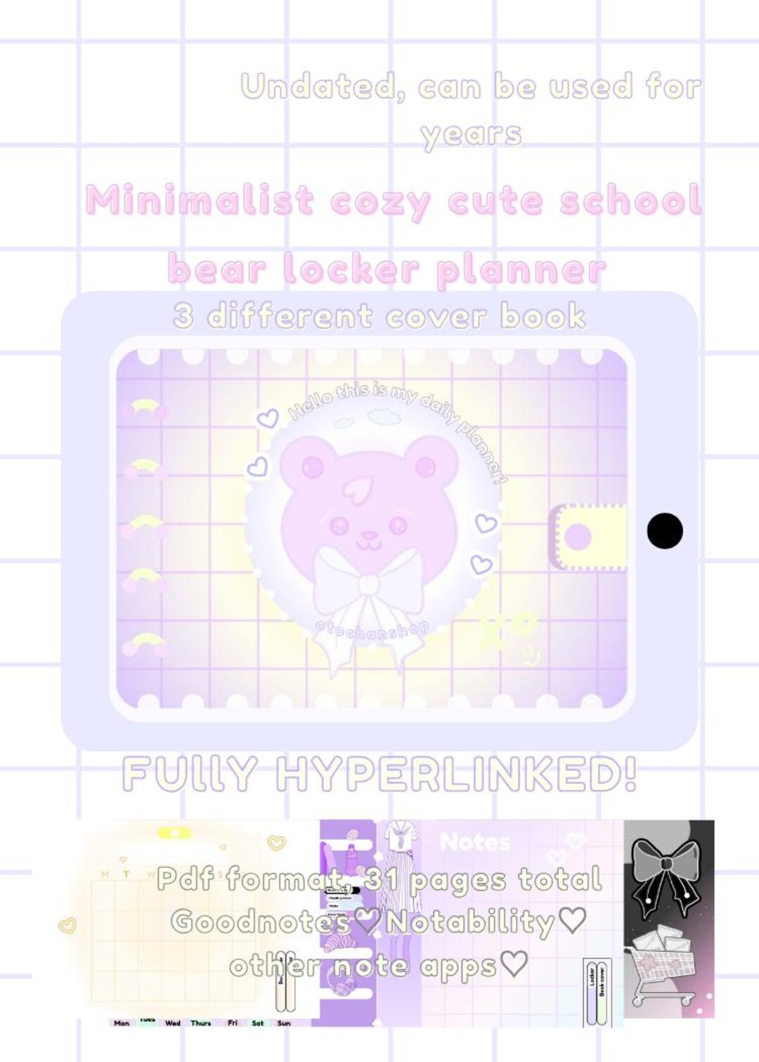 Minimalist Cozy Digital Cute School Bear Locker Themed Daily Planner to ...