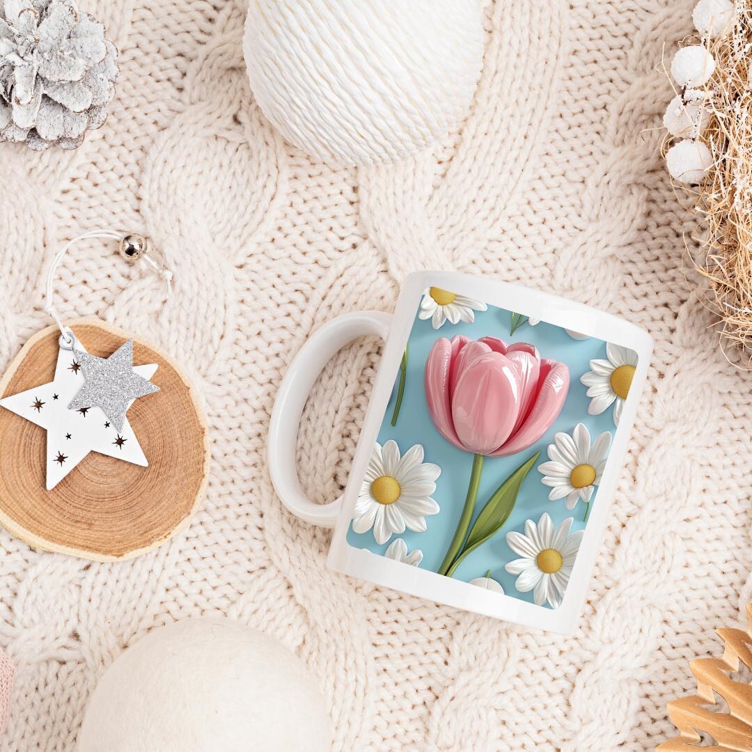 Floral Ceramic Mug, 3D Inflated Tulip and Daisy Flower Design ...