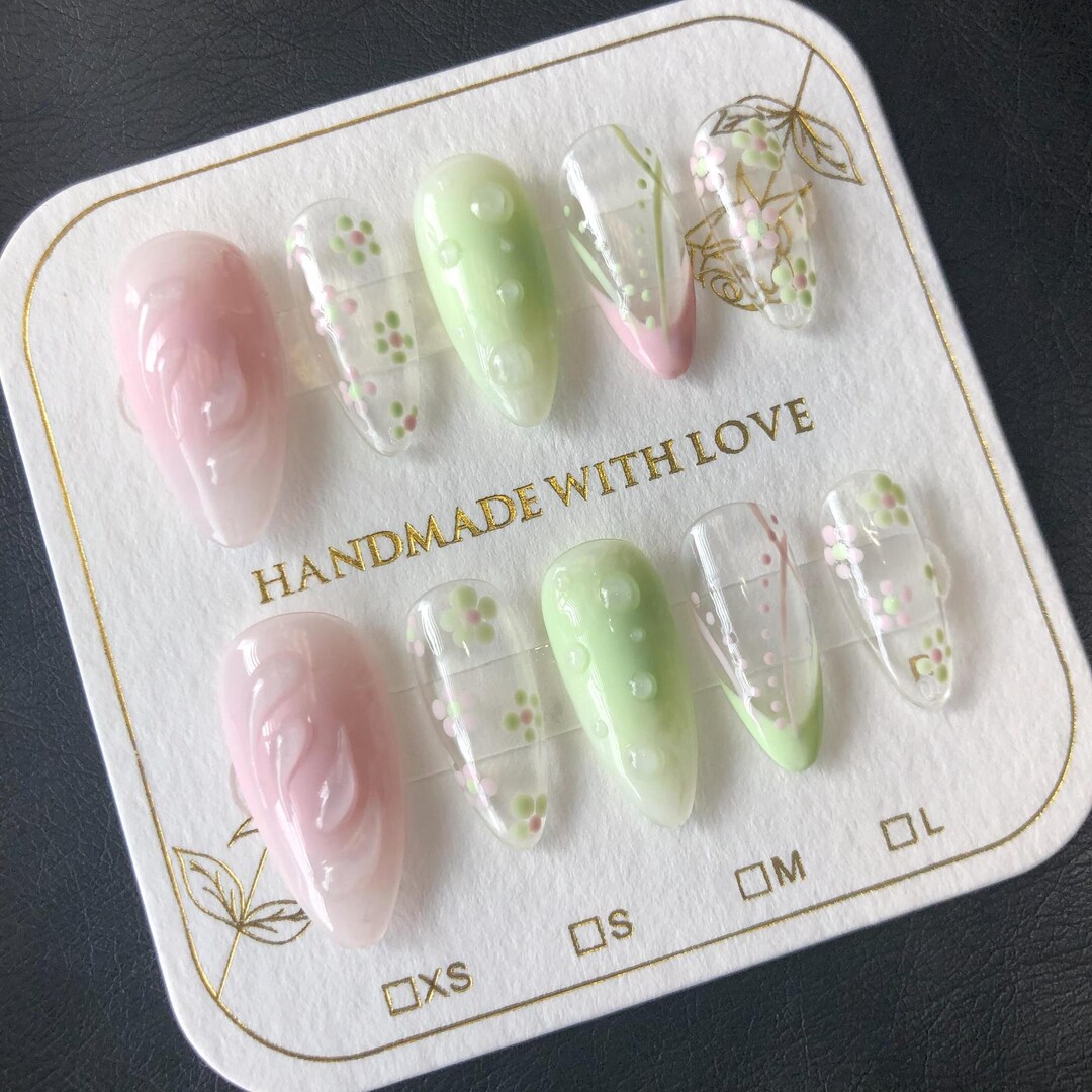 Dew Drops -- Pink & Green Floral Spring Press-on Nail Set, 3D Water ...