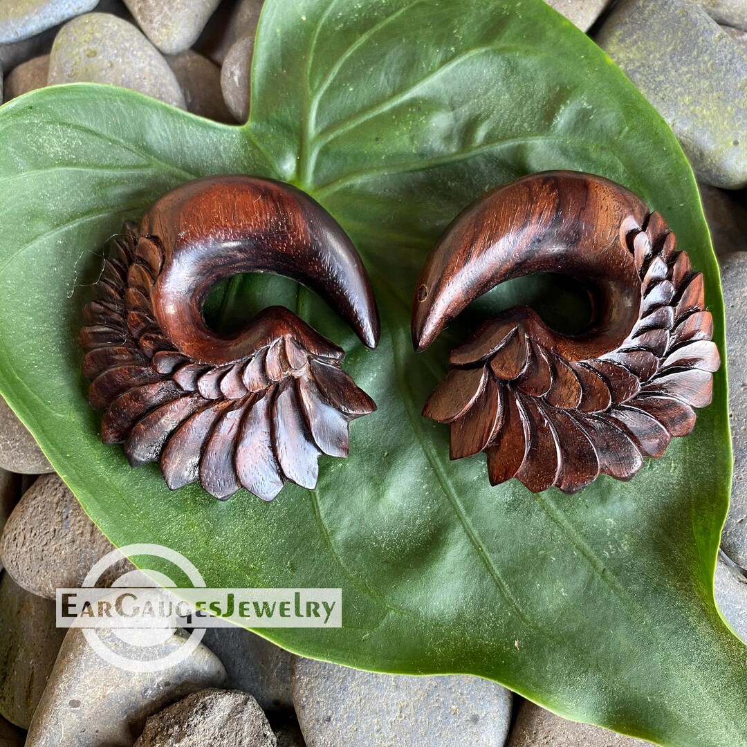 Exclusive Wings Carved Ear Stretcher 13/16" Floral Carving, Handmade ...