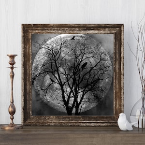 October Moon PRINT - Full Super Moon Photo Surreal Bare Tree Birds Home ...