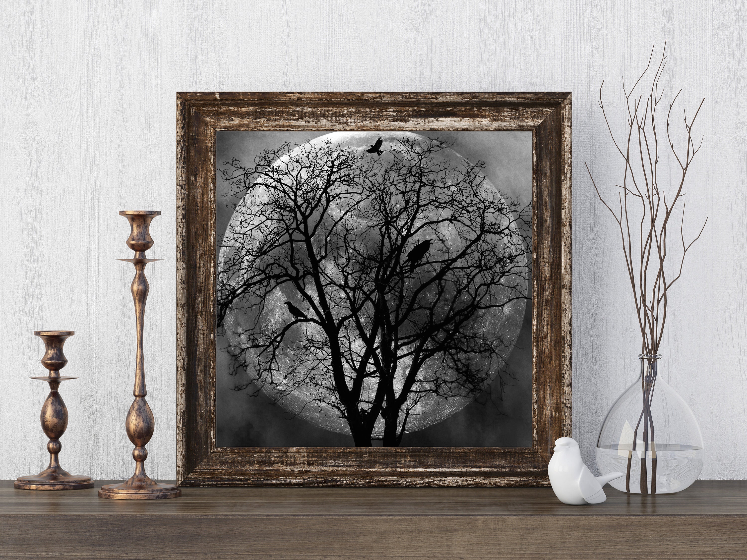 October Moon PRINT - Full Super Moon Photo Surreal Bare Tree Birds Home ...
