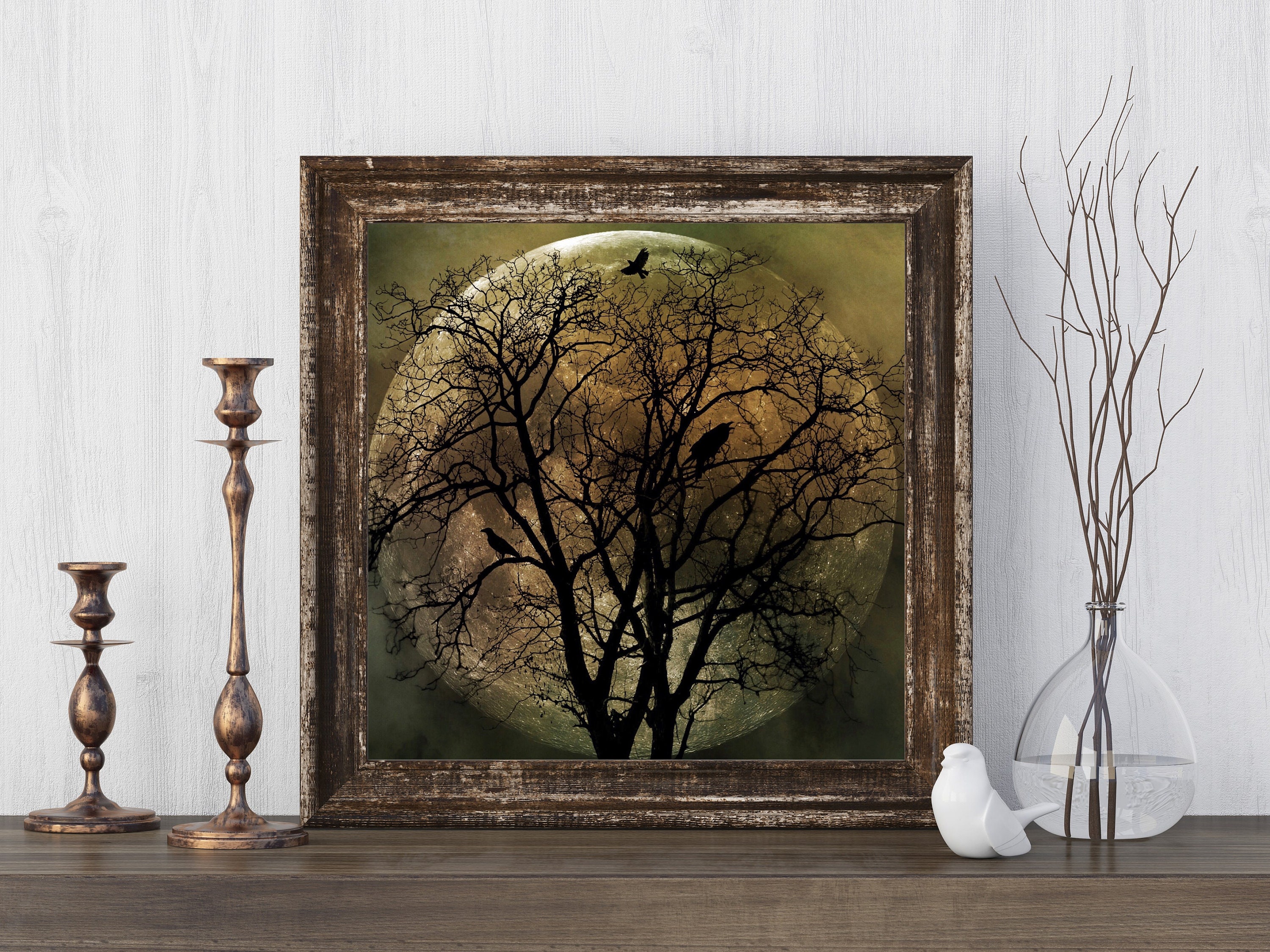 October Moon PRINT - Full Super Moon Photo, Surreal Tree Birds Home ...