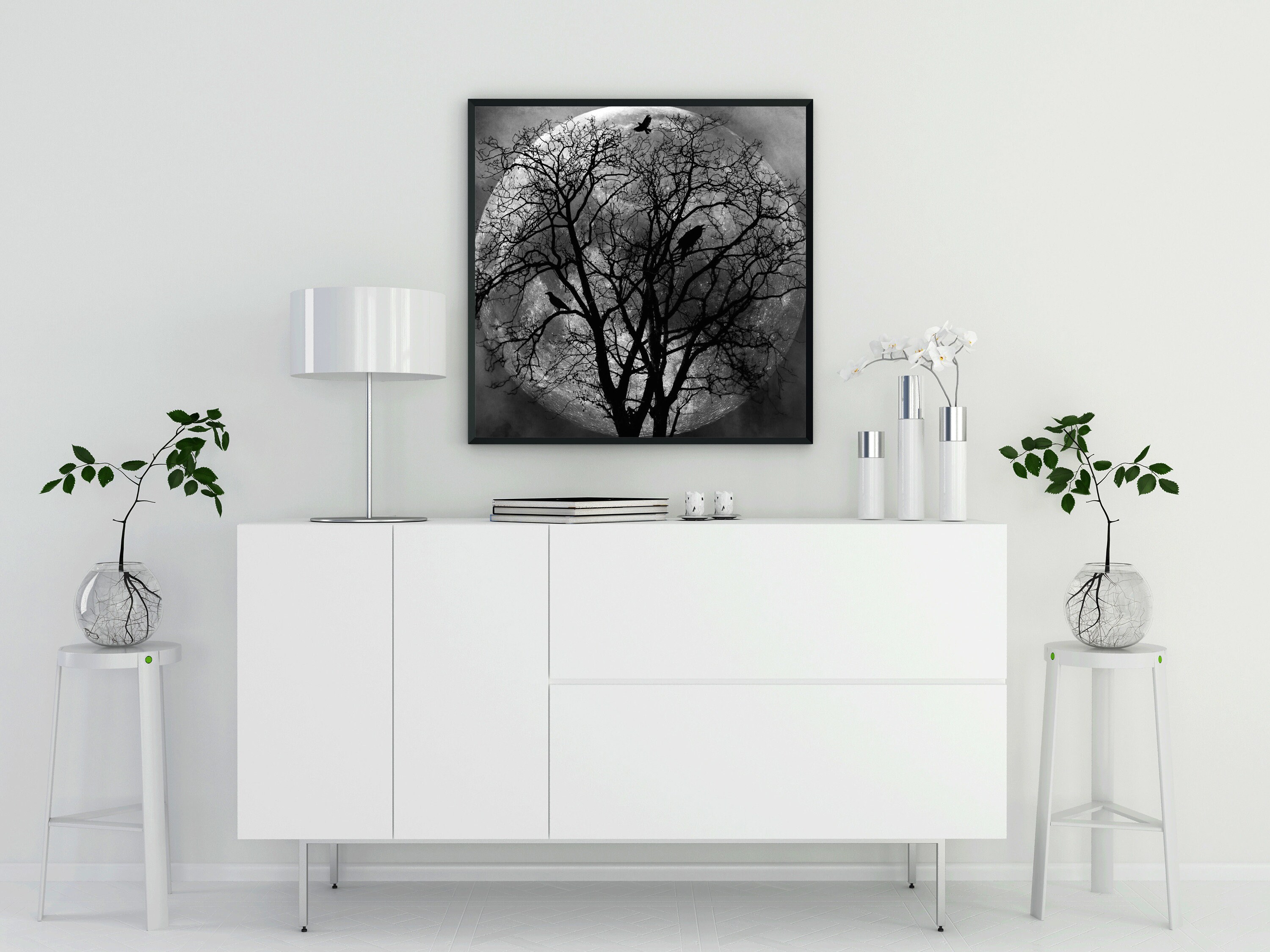 October Moon PRINT - Full Super Moon Photo Surreal Bare Tree Birds Home ...