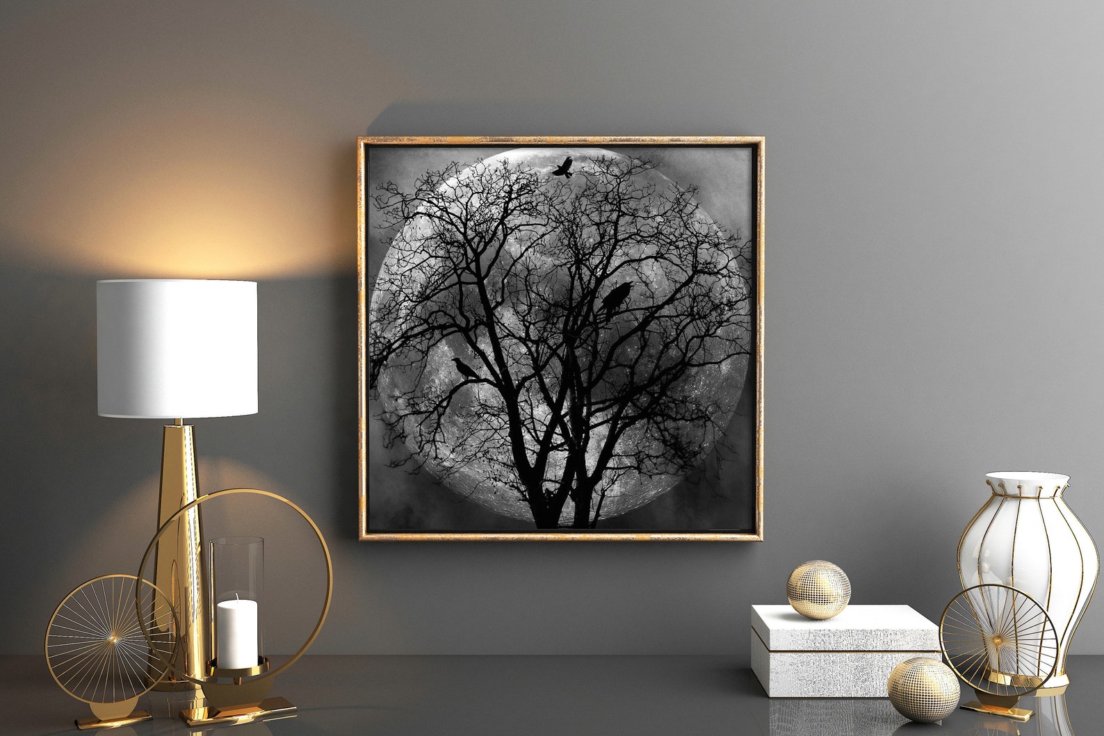 October Moon PRINT - Full Super Moon Photo Surreal Bare Tree Birds Home ...