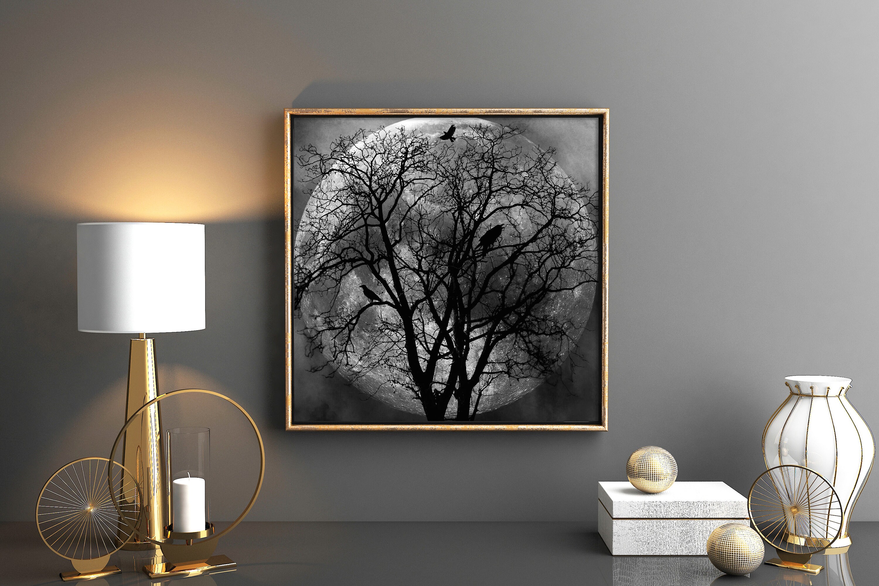 October Moon PRINT - Full Super Moon Photo Surreal Bare Tree Birds Home ...