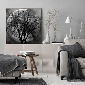 October Moon PRINT - Full Super Moon Photo Surreal Bare Tree Birds Home ...