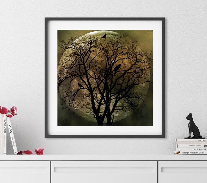 October Moon PRINT - Full Super Moon Photo, Surreal Tree Birds Home ...