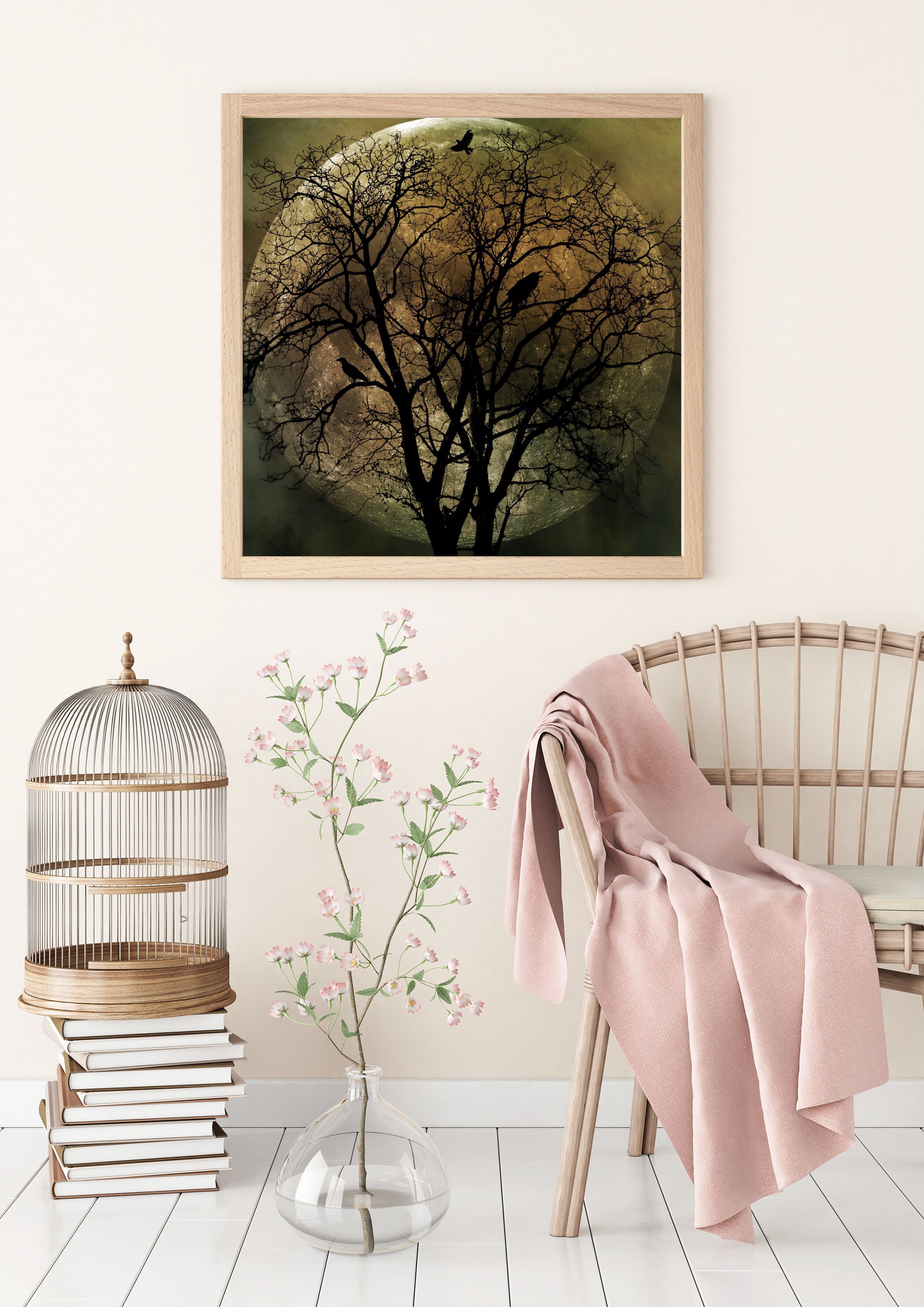 October Moon PRINT - Full Super Moon Photo, Surreal Tree Birds Home ...