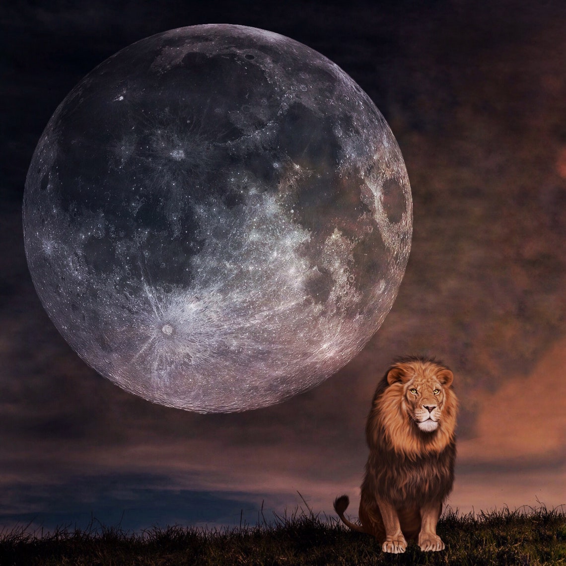 Leo Full Moon Photo PRINT, Surreal Landscape Lion Art, Home Decor Night ...