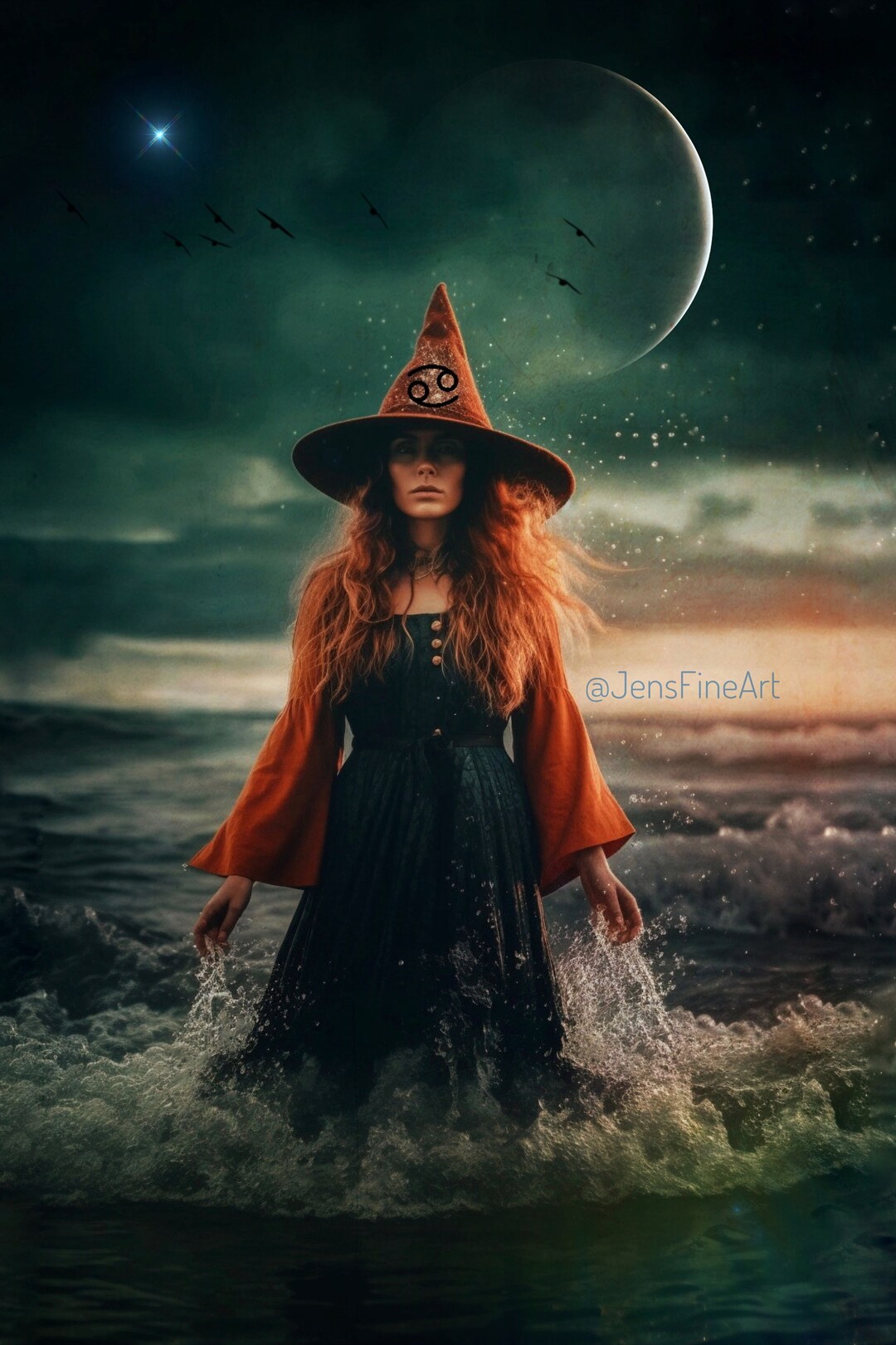 Cancer Witch PRINT - New Moon Photo, Cancer Zodiac Woman Mermaid ...