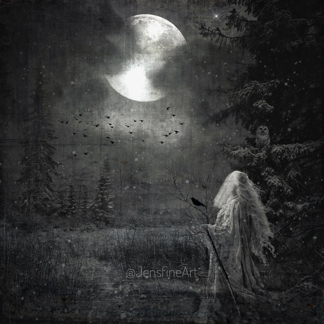 Cailleach PRINT - Full Moon Witch Photo Birds Winter Gothic Samhain ...