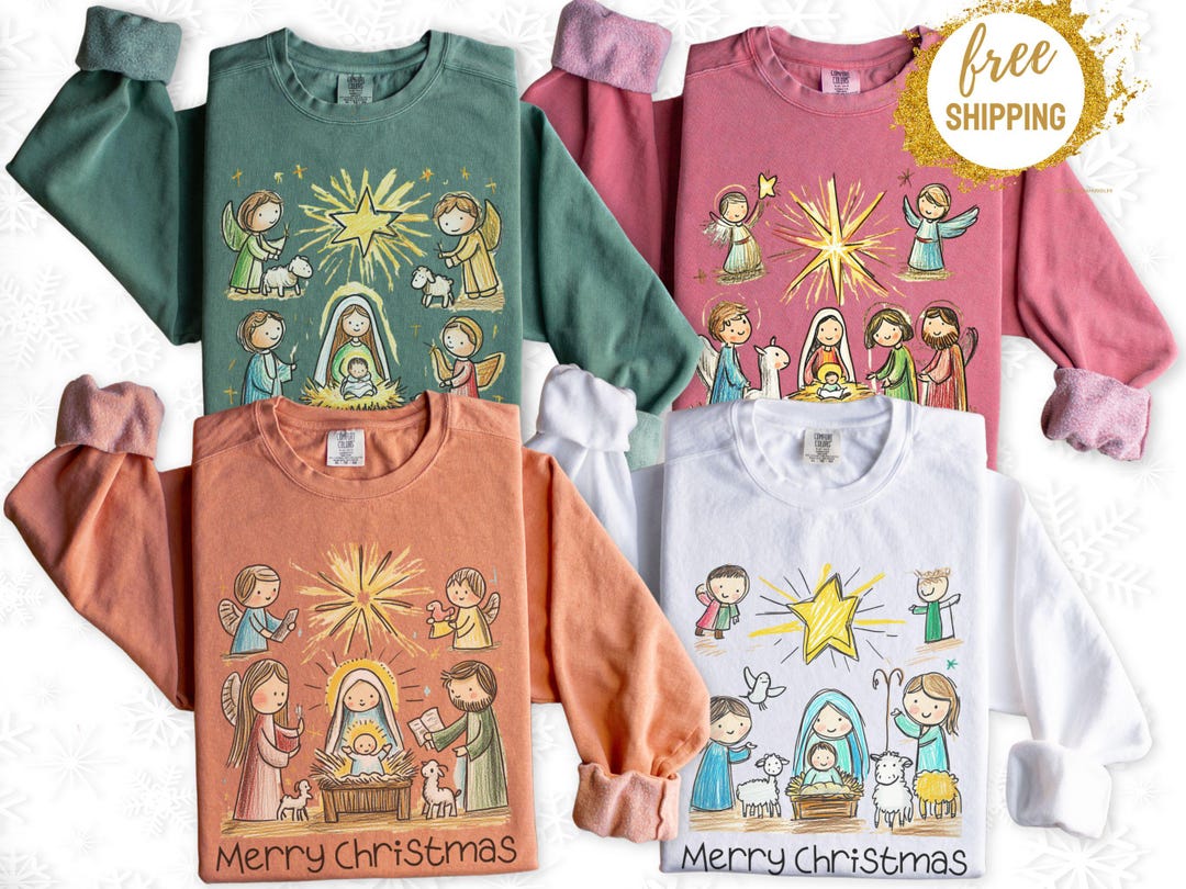 Comfort Colors® Nativity Scene Sweaters Set, Christian Christmas ...