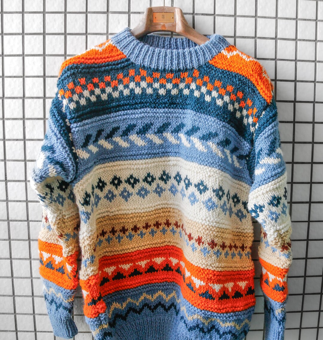 Blue Colorful 100% Wool Fair Isle Sweater, Nordic Chunky Pullover ...