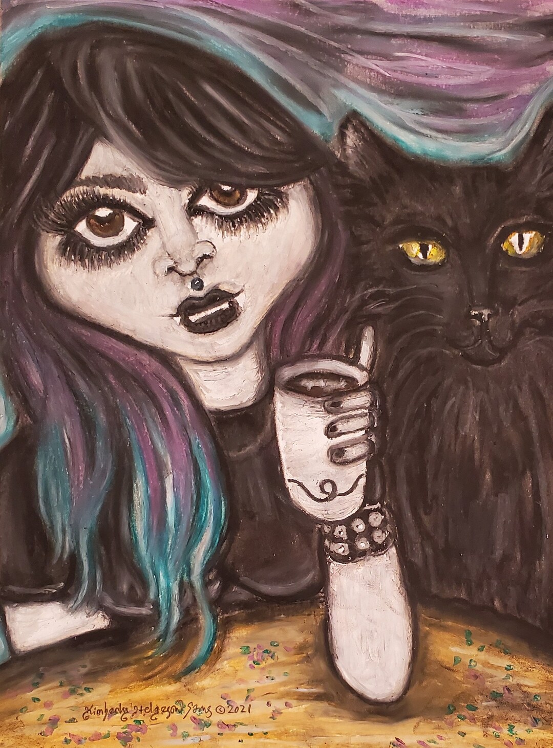 Goth Girl With Cat & Coffee, Signed Art Print by Kimberly Helgeson Sams ...