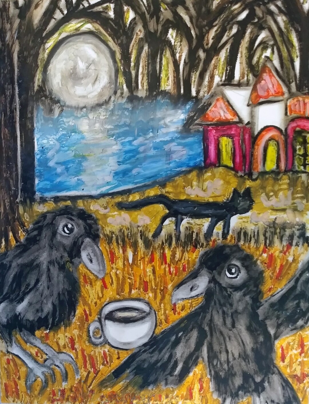 Crow Drinking Coffee Raven Bird Gothic Art Signed Giclee Print ...