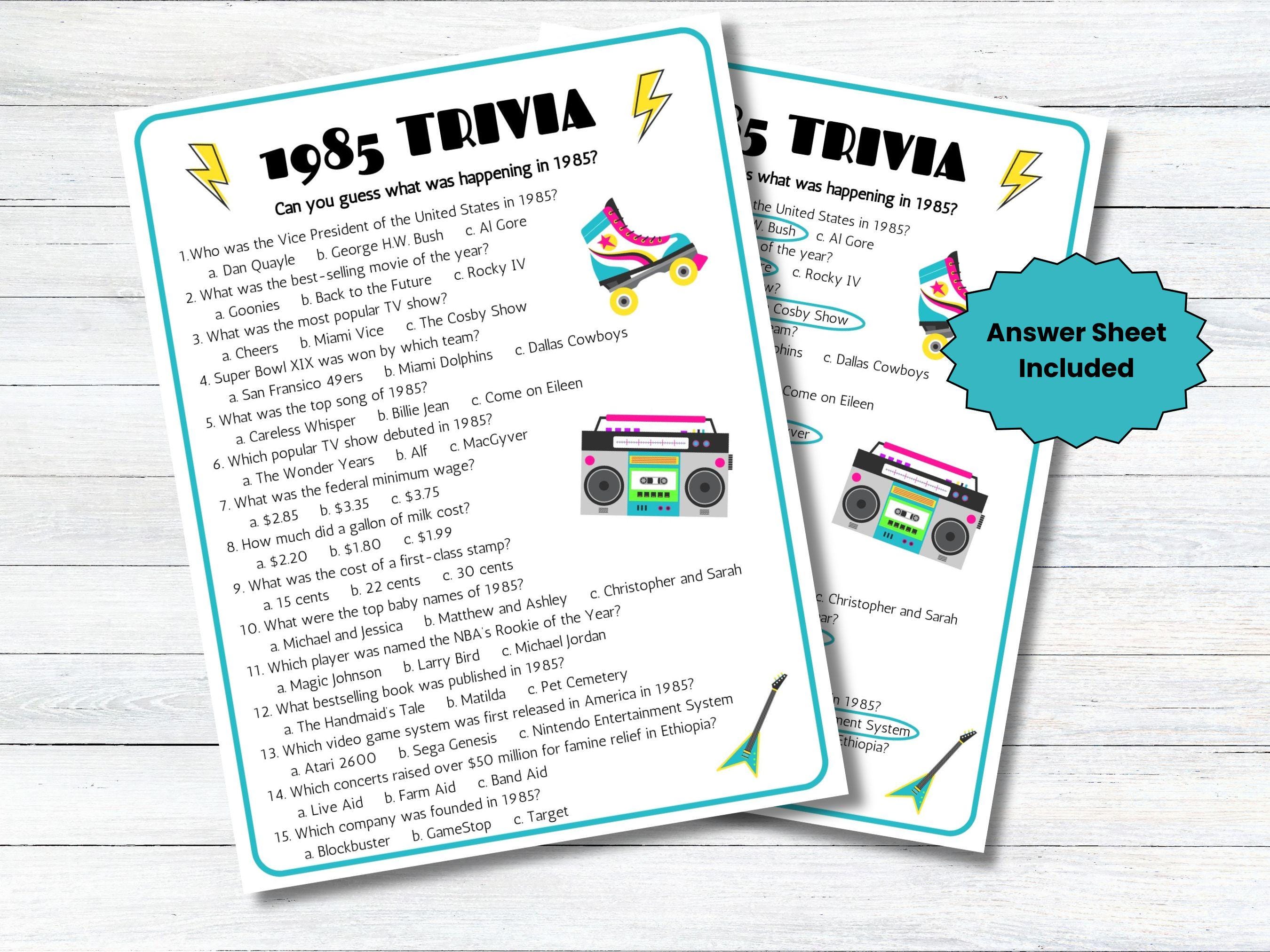1985 Trivia Game, 40th Birthday Party Game, 40th Class Reunion Game ...