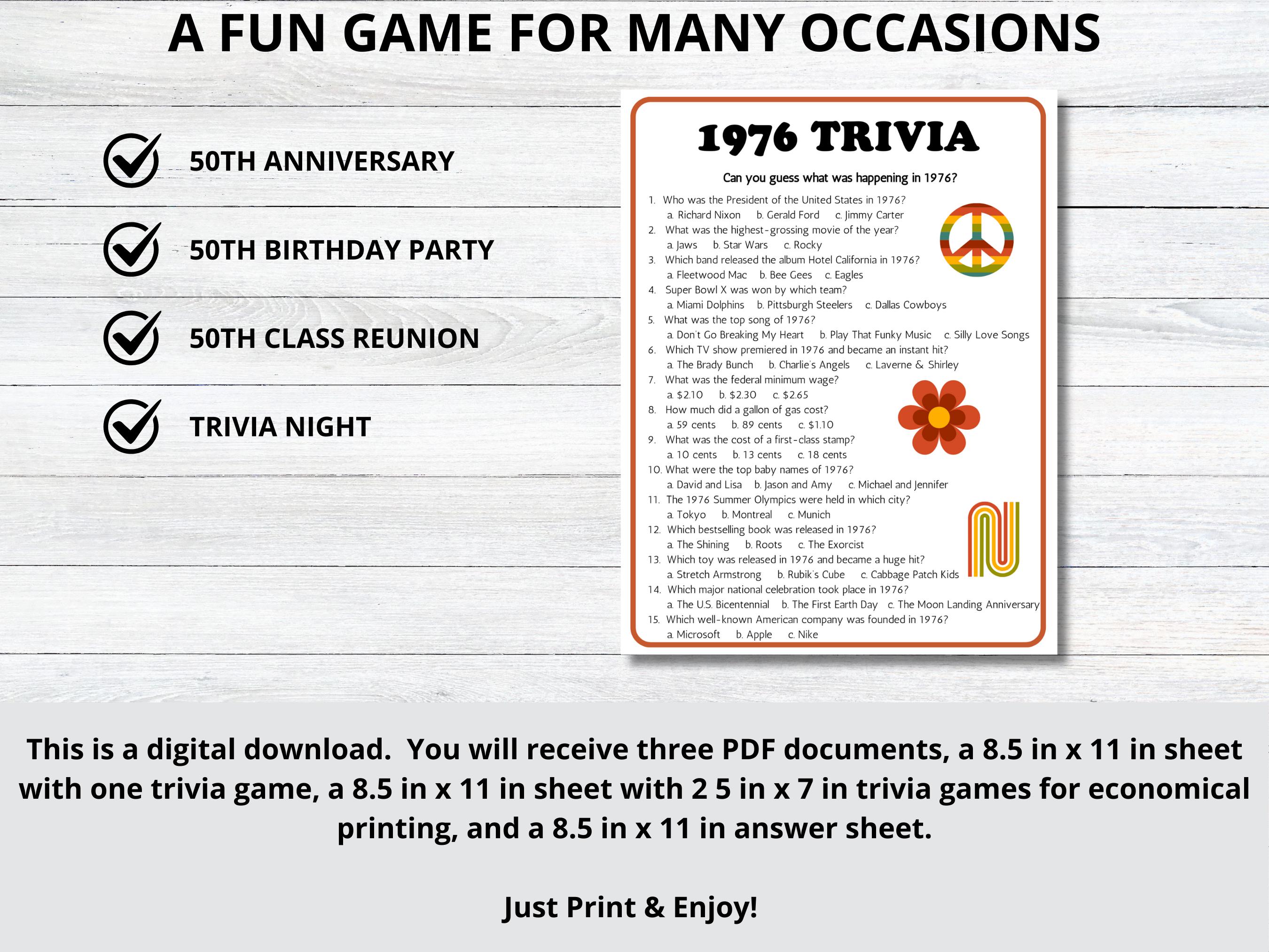 1976 Trivia Game, 50th Birthday Party Game, 50th Class Reunion Game ...