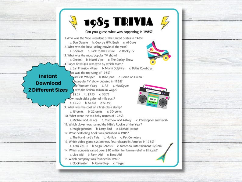 1985 Trivia Game, 40th Birthday Party Game, 40th Class Reunion Game ...