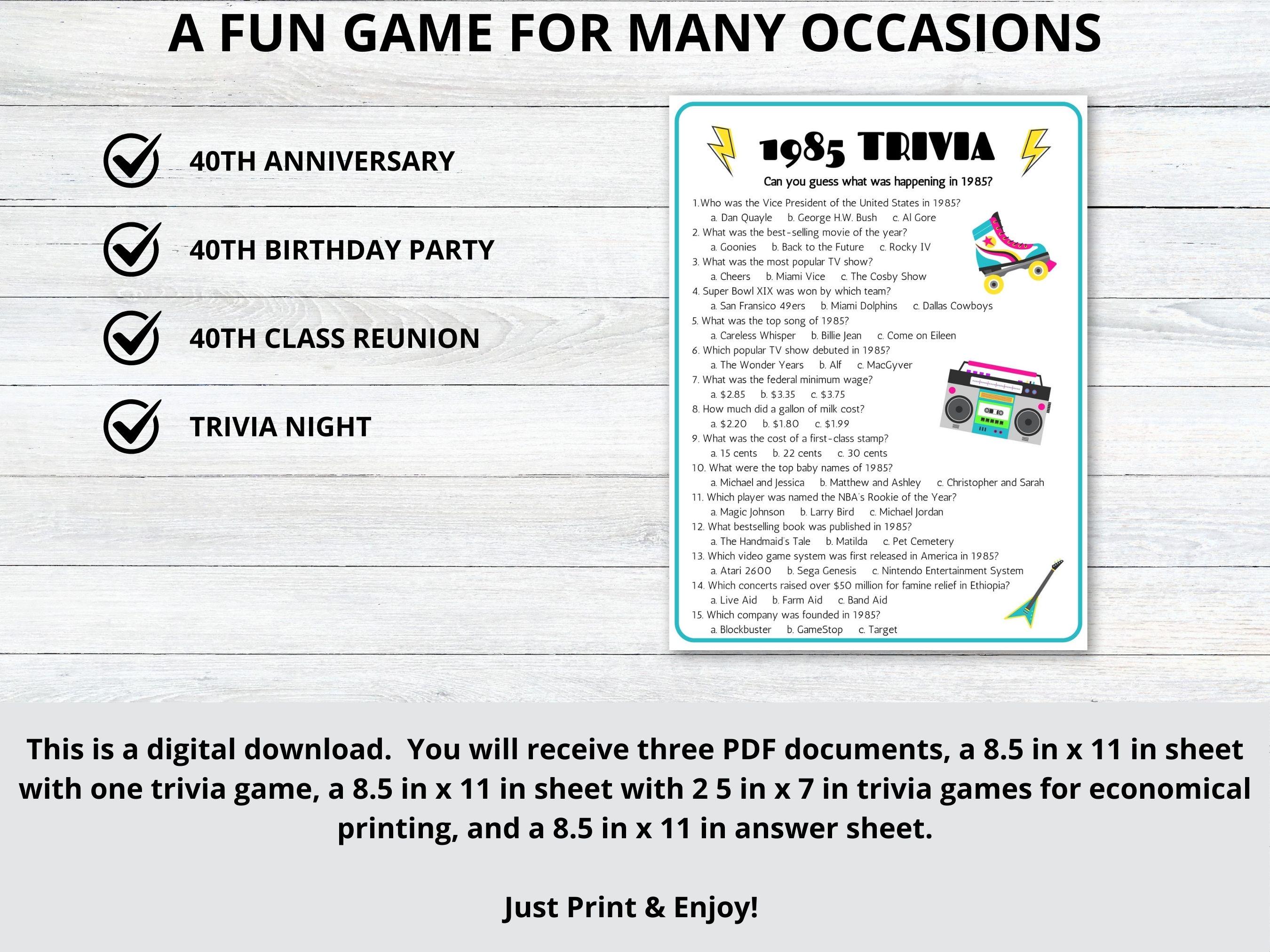 1985 Trivia Game, 40th Birthday Party Game, 40th Class Reunion Game ...