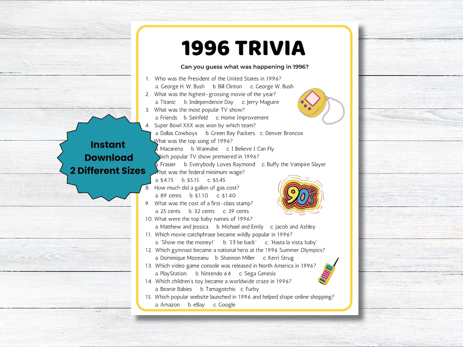 1996 Trivia Game, 30th Birthday Party Game, 30th Class Reunion Game ...