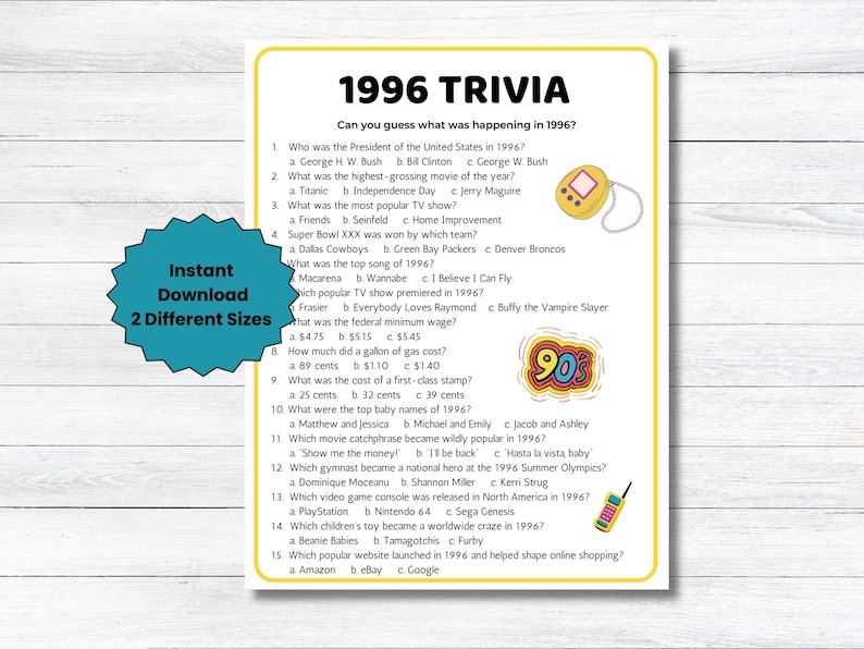 1996 Trivia Game, 30th Birthday Party Game, 30th Class Reunion Game ...