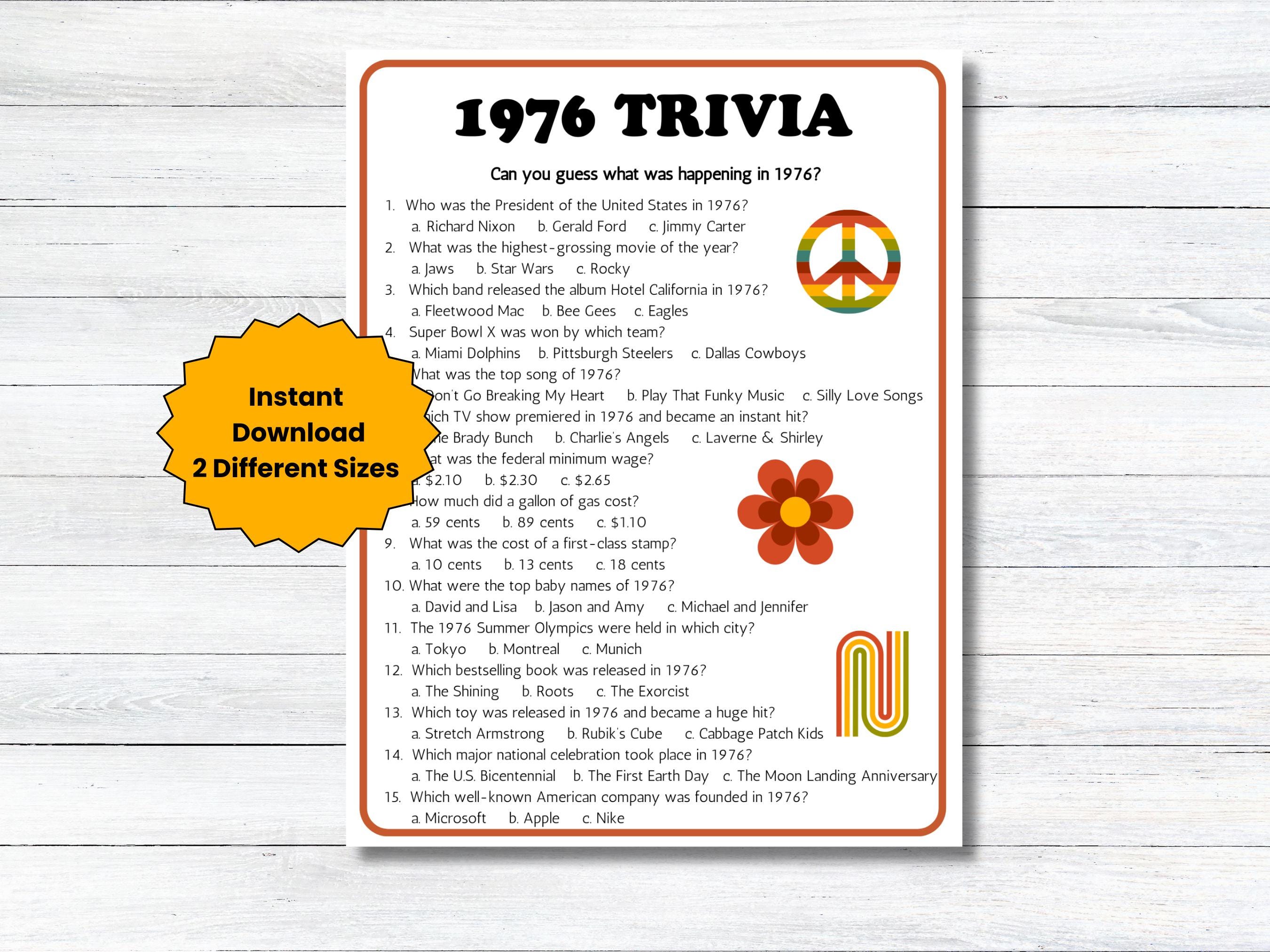 1976 Trivia Game, 50th Birthday Party Game, 50th Class Reunion Game ...