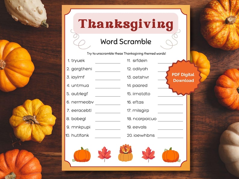 Thanksgiving Word Scramble, Thanksgiving Game, Office Party Game, Kids ...