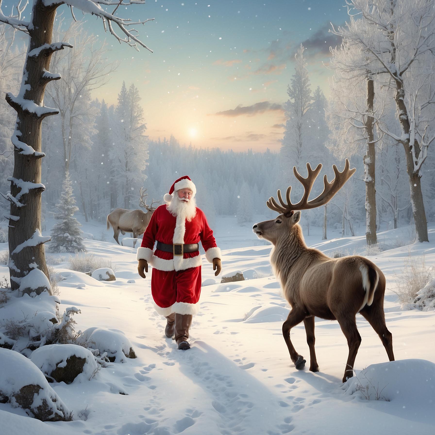 Santa Claus Reindeer Wall Art Print, Forest Snowfall in Winter ...