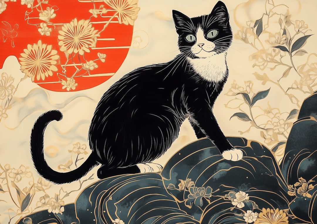 Japanese Ukiyo-e Cat Art Print Set - Horizontal Digital Illustration ...