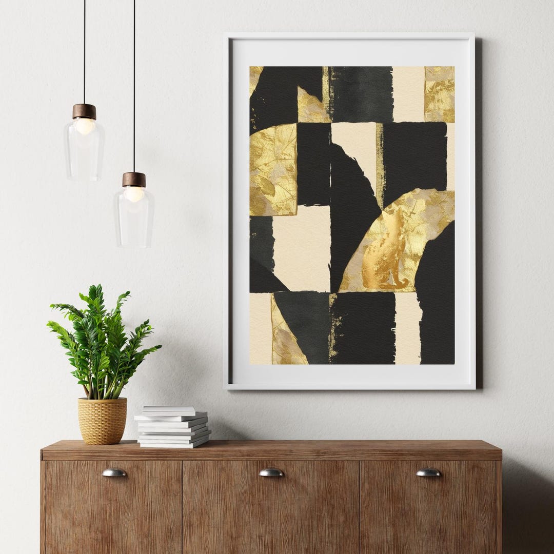 Japanese Paper Collage Art Black and Gold Lucky Cat Pattern 2 Digital ...