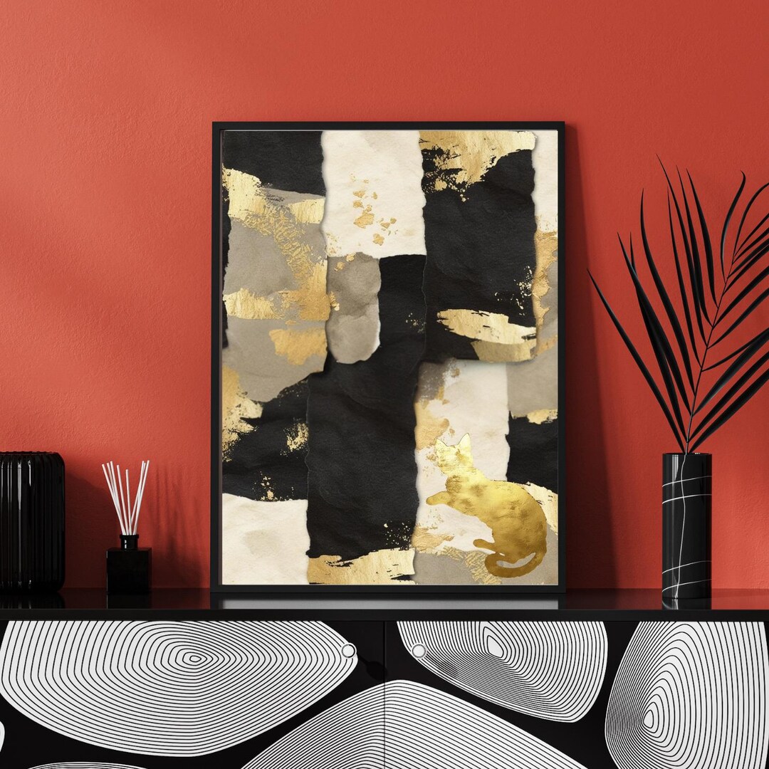 Japanese Paper Collage Art Black and Gold Lucky Cat Pattern 1 Digital ...