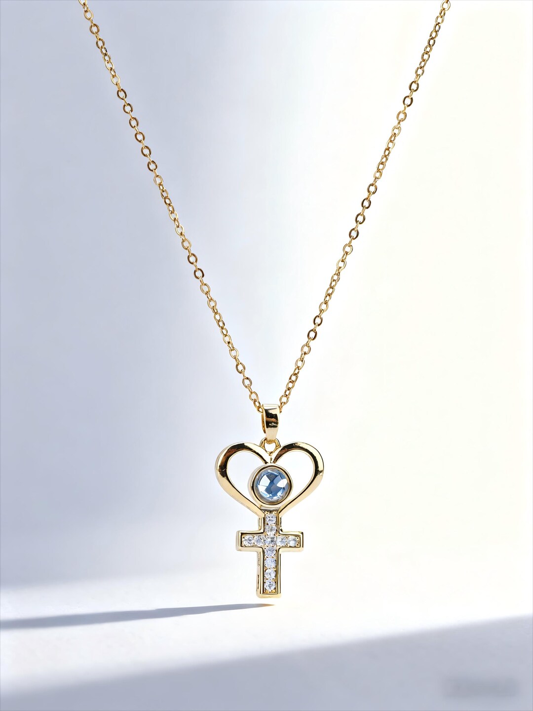 Heart Cross Projection Necklace • 18K Gold Plated Pendant With CZ ...
