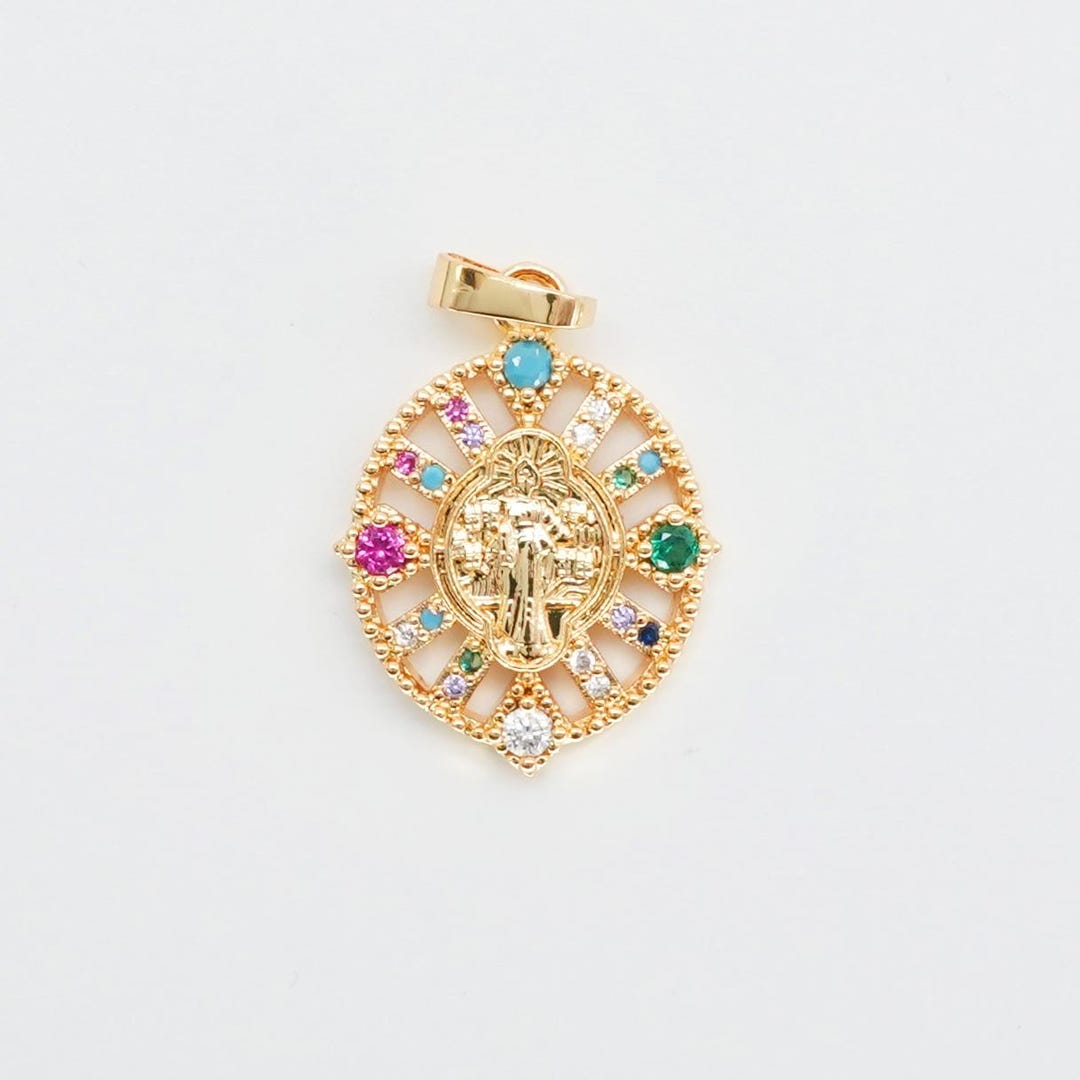 Virgin Mary Radiant Charm – Gold Filled Colorful CZ Oval Pendant for ...