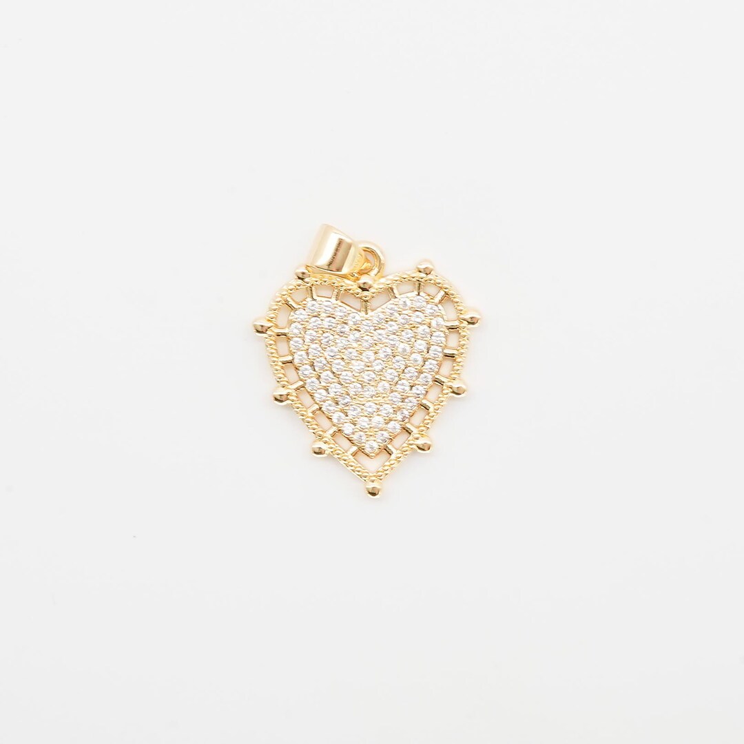 CZ Pave Heart Charm With Spiked Border, Gold Micro Pave Pendant ...