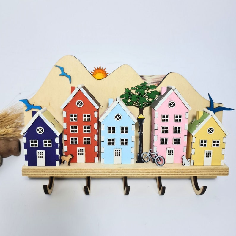 Wooden Key Holder 5 Colorful House Key Hooks Cute Color Wooden Houses 5 ...