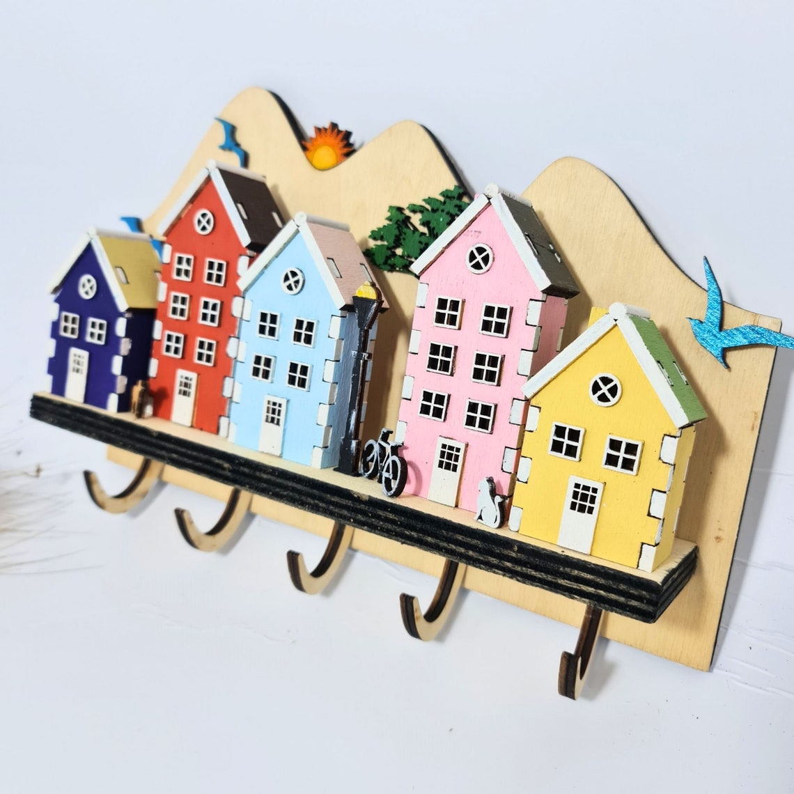 Wooden Key Holder 5 Colorful House Key Hooks Cute Color Wooden Houses 5 ...