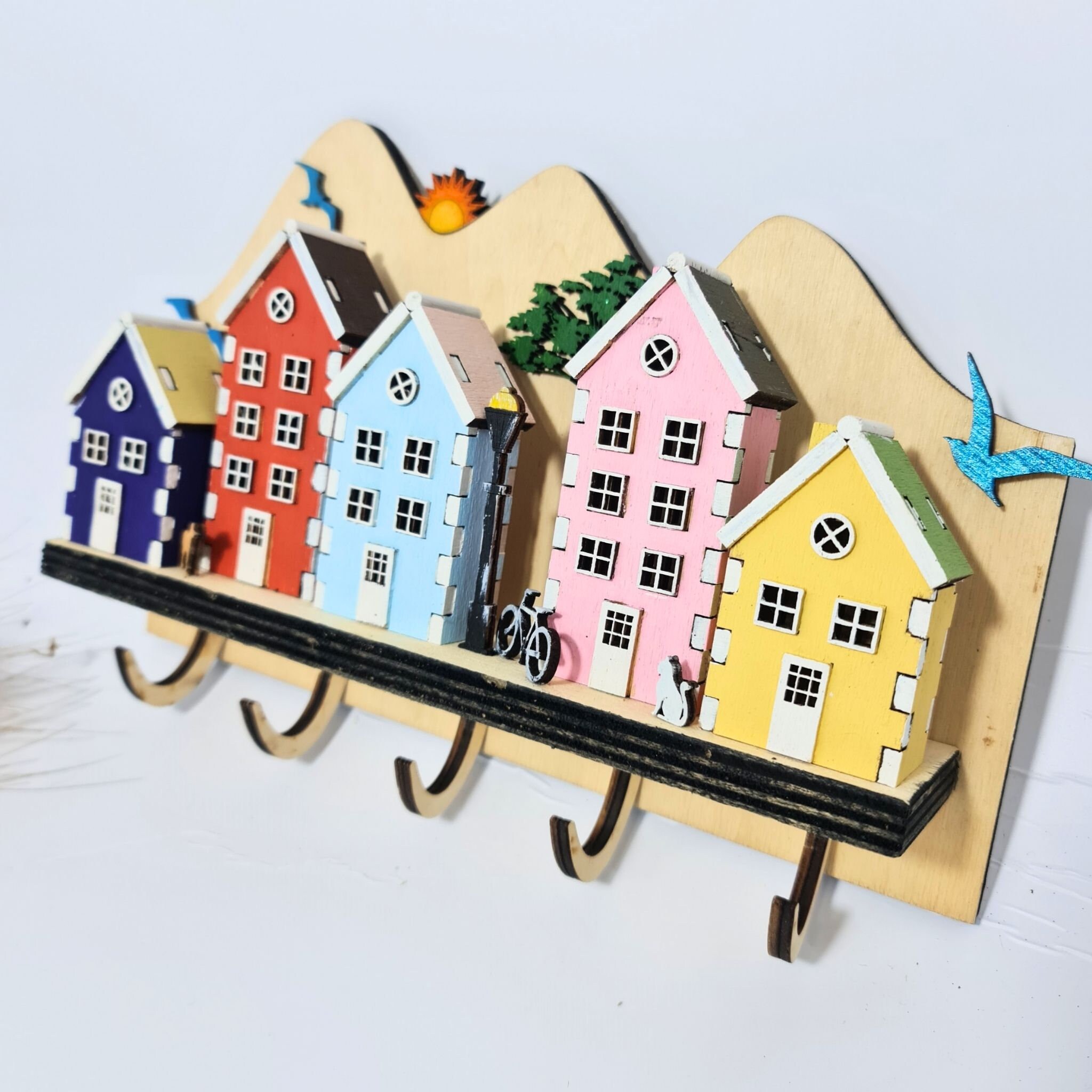 Wooden Key Holder 5 Colorful House Key Hooks Cute Color Wooden Houses 5 ...