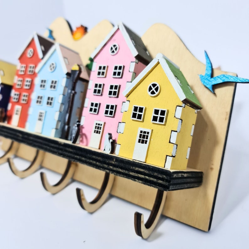Wooden Key Holder 5 Colorful House Key Hooks Cute Color Wooden Houses 5 ...