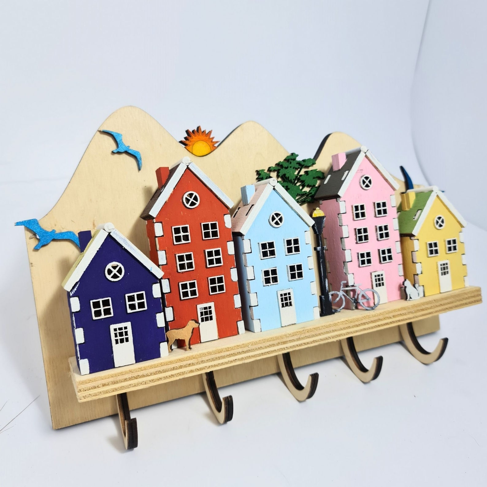 Wooden Key Holder 5 Colorful House Key Hooks Cute Color Wooden Houses 5 ...