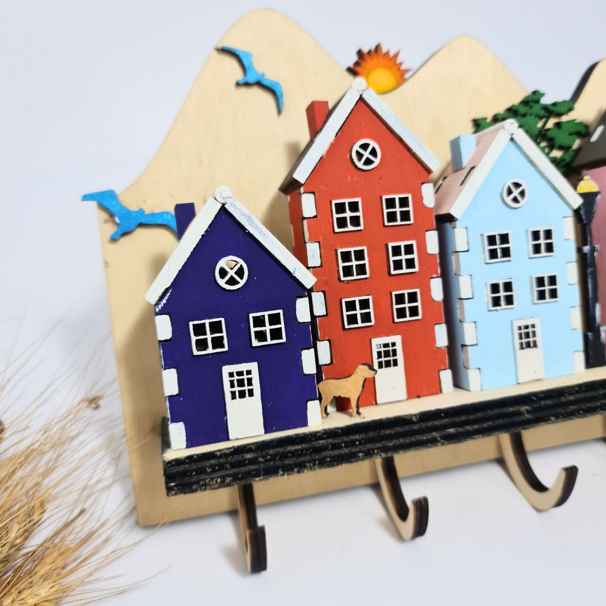 Wooden Key Holder 5 Colorful House Key Hooks Cute Color Wooden Houses 5 ...