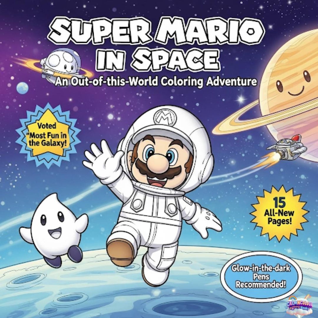 Super Mario in Space Coloring Pages | 15 Page Kawaii Activity Book for ...