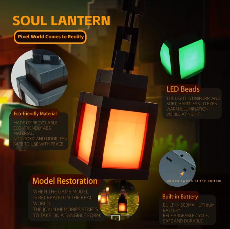 Minecraft Soul Lantern Wall Light | USB Rechargeable LED Decor | Pixel ...